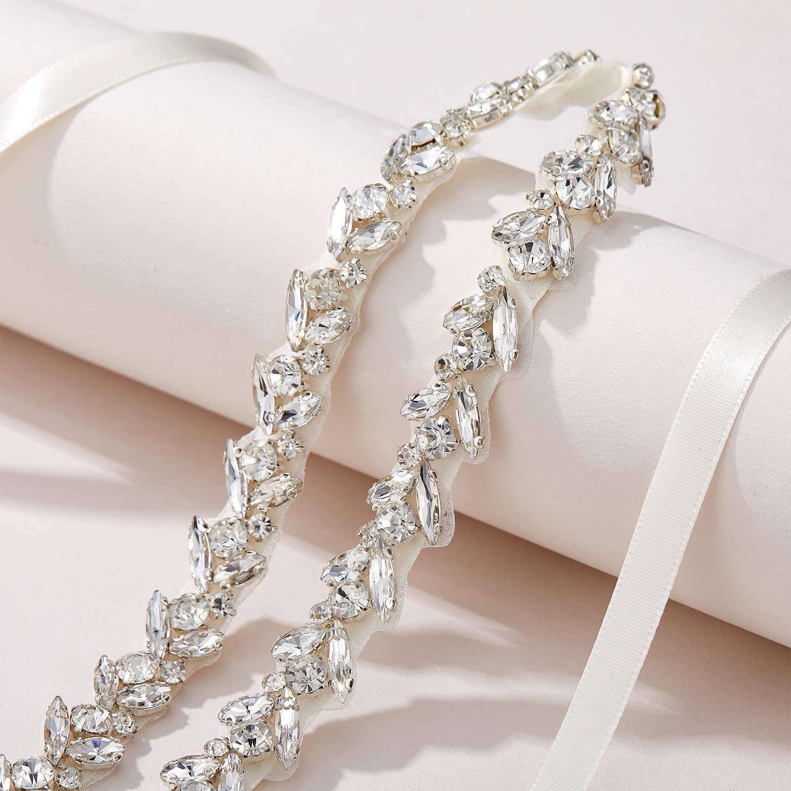 SWEETV Bridal Belt Sash with Rhinestones Wedding Dress Belt Crystal Headband Bride Bridesmaids Sash, Silver