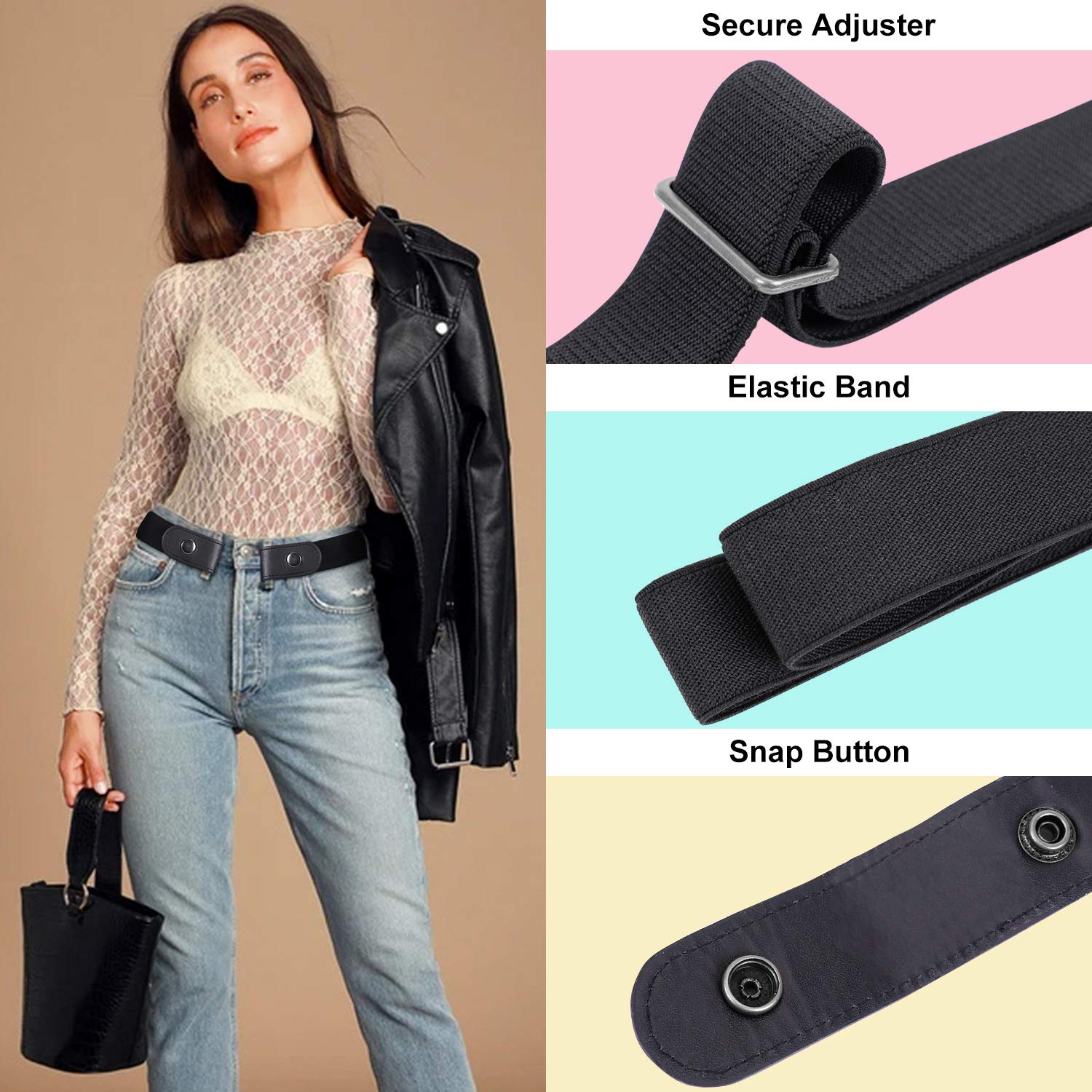 SUOSDEY 3 Pieces No Buckle Belt Women Elastic Belts Buckle Free Invisible Elastic Belt for Jeans Pants