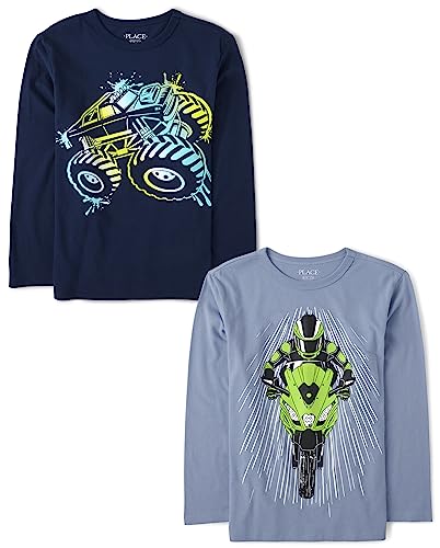 The Childrens Place Boys' Assorted Everyday Long Sleeve Graphic T-Shirts,Multipacks, Monster Truck/Biker 2-Pack, Large