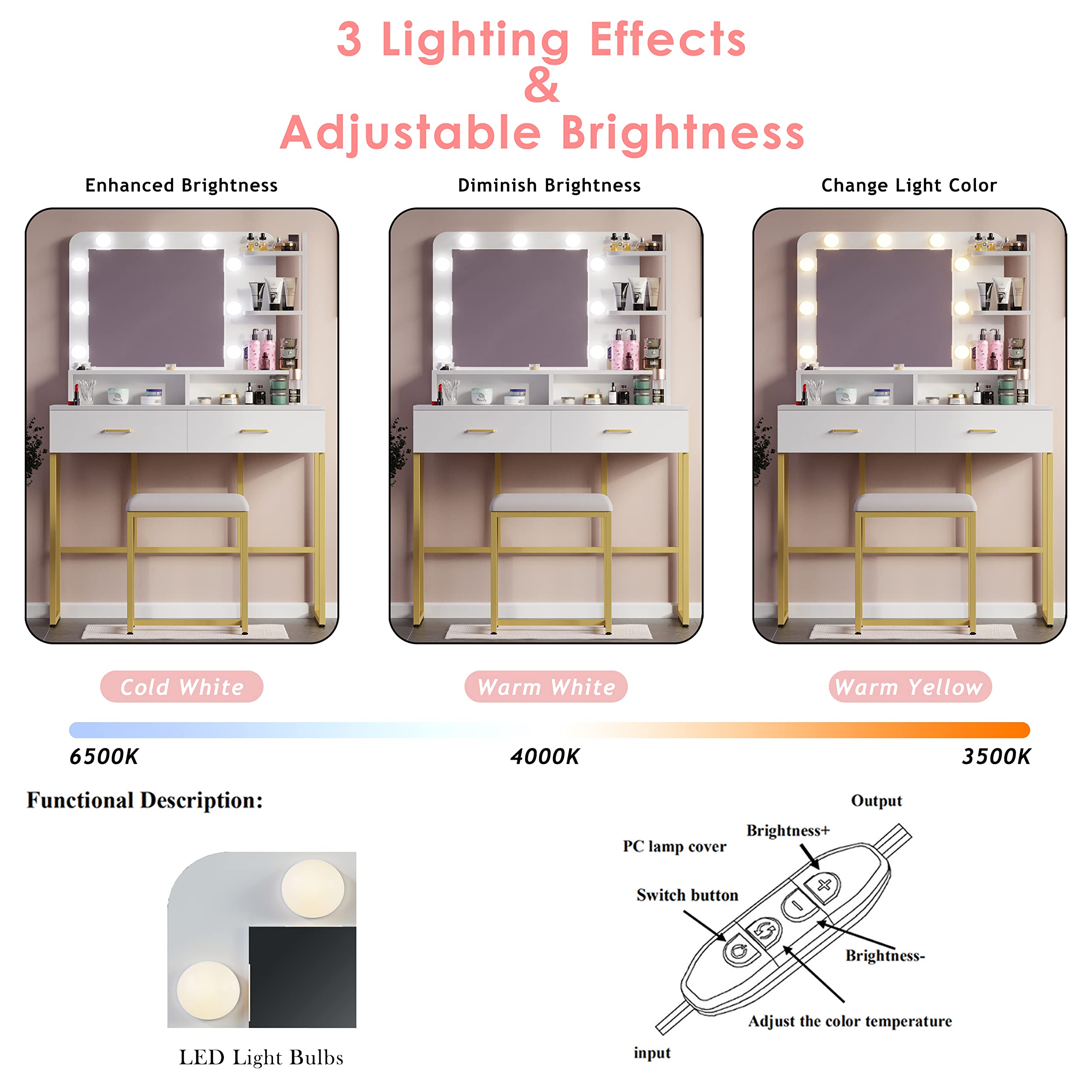 Wildhome Vanity Set with Lighted Mirror,Vanity Desk with 2 Drawers,Makeup Vanity Dressing Table with 9 Lights for Women, Dresser Desk Vanity Set for Bedroom,with Cushioned Stool,Gold (White)
