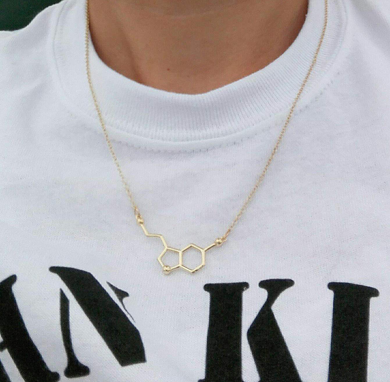 Silver Serotonin Molecule Pendant Necklace,Organic Chemistry Jewelry for Science Lovers,Gift for a Science Student (B:gold necklace)