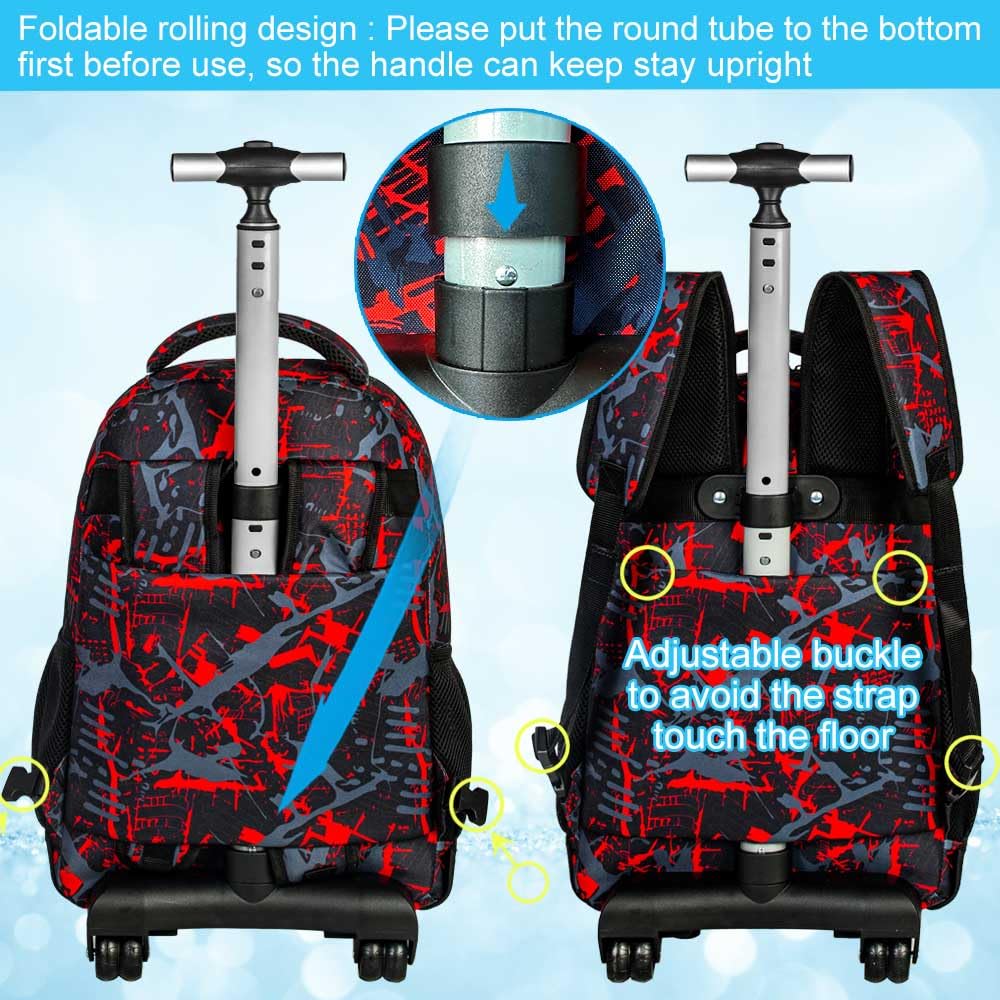 ZLYERT 3Pcs Rolling Backpack for Boys Men, Travel Roller Backpacks with Wheels for Adults, Teens College Graffiti Wheeled Bookbag with Lunch Box(Blue)