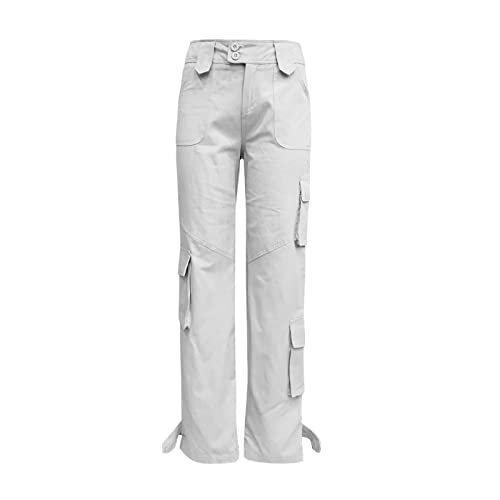 Wide Leg Cargo Pants with Pockets for Womens 90s Vintage Streetwear Combat Military Trouser Y2K Parachute Pants Gray