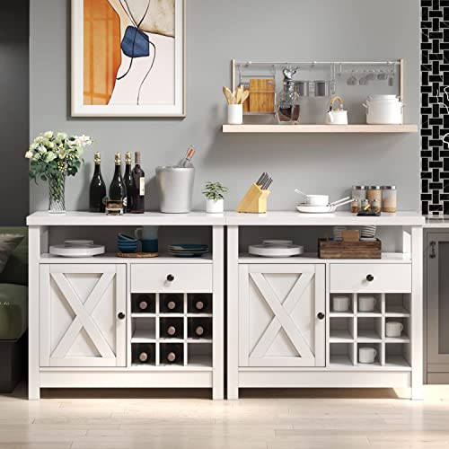 White Coffee Bar Cabinet, Farmhouse Coffee Station Cabinet with Storage, Small Coffee Bar Stand with 9 Wine Racks, Wine Bar Cabinet with Shelf for Kitchen Dining Room