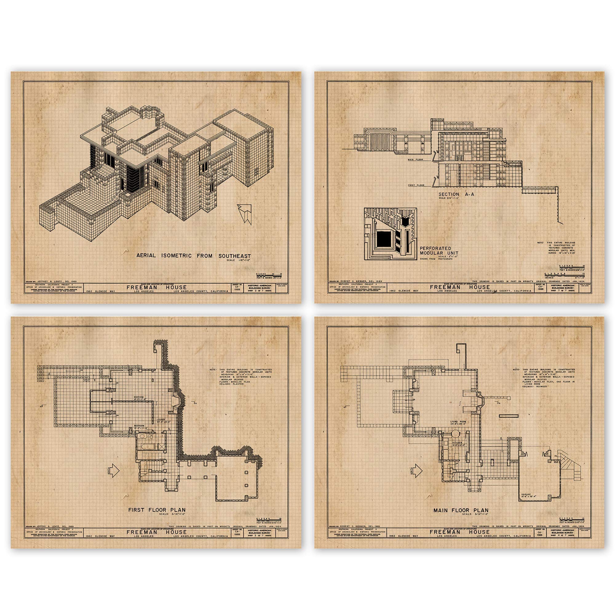 Vintage Freeman House Prints, 4 (8x10) Unframed Photos, Wall Art Decor Gifts Under 20 for Home Frank L Wright Office Construction Studio Lounge College Student Teacher Engineer Design World Architect