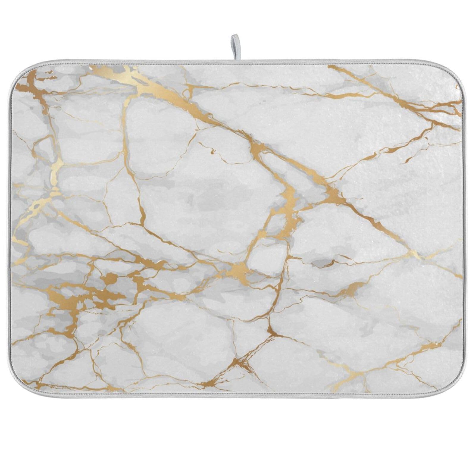 White Gold Marble Texture Dish Drying Mat for Kitchen Counter Absorbent Non-slip Heat Resistant Drainer Mats Reversible Dish Drying Pad Coffee Bar Kitchen Accessories, 18x24 Inch