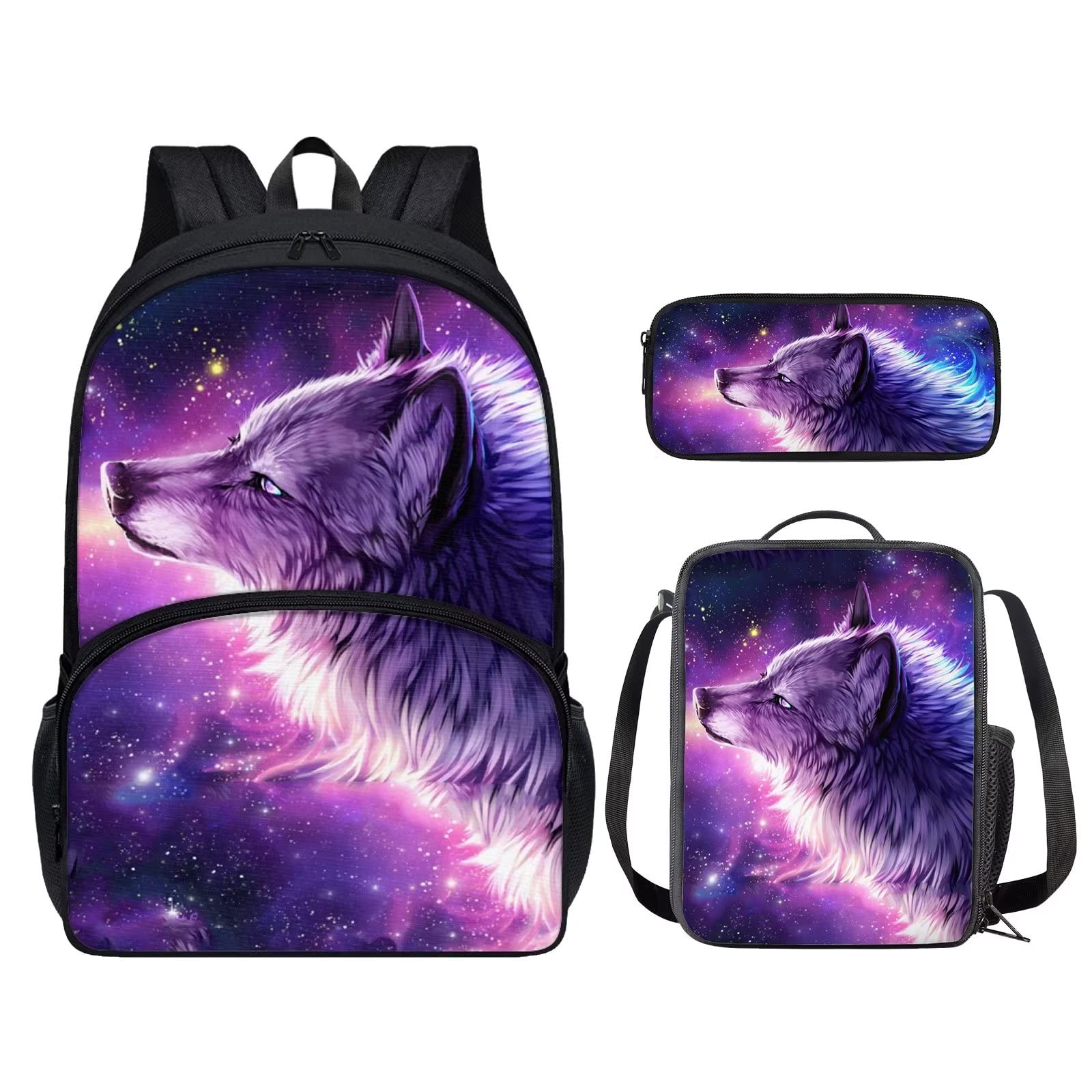 ZPINXIGN Galaxy Wolf Middle School Backpack for Girls Boys 8-10 3 in 1 School Bag Set Kids Backpack with Lunch Box Pencil Case Junior Teens Bookbags