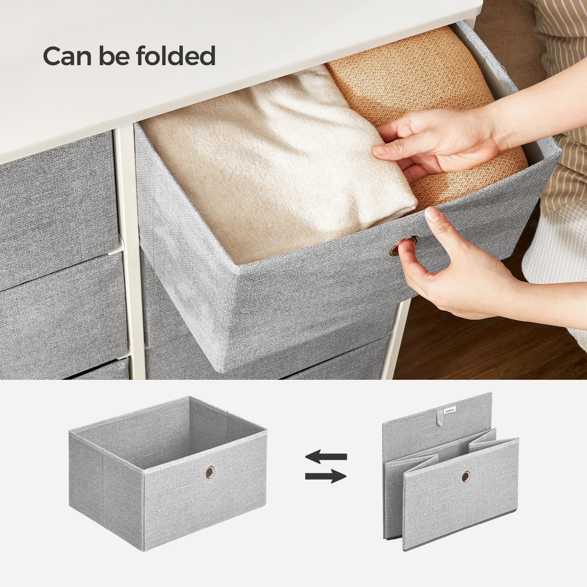 SONGMICS 4-Tier Storage Dresser with 8 Easy Pull Fabric Drawers and Wooden Tabletop for Closets, Nursery, Dorm Room, Light Gray and White ULTS24W