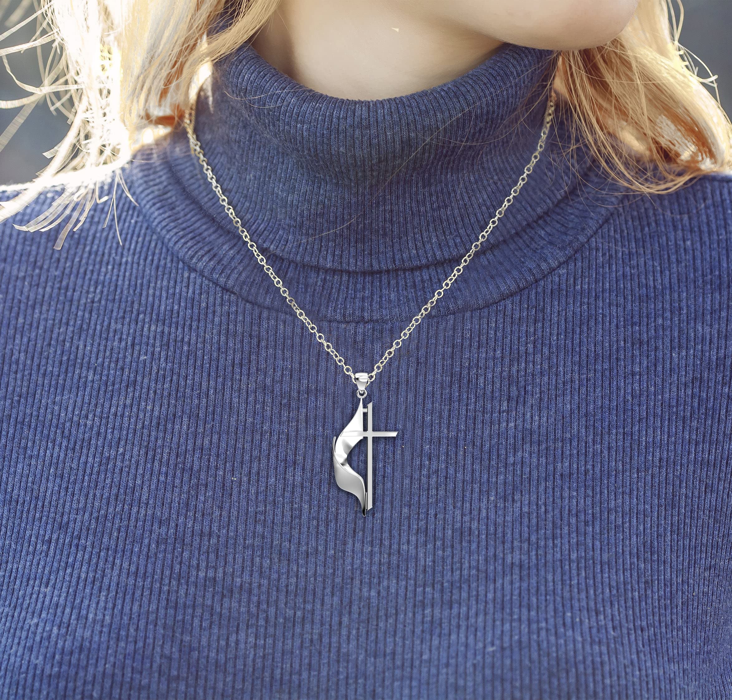 US Jewels Ladies 925 Sterling Silver Polished 30mm Methodist Cross Pendant 1.4mm Rope Chain Necklace, 18"