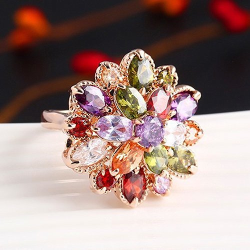 super1798 Lady's Alloy Ring Cubic Zirconia Colorful Crystal Flower Statement - US 9