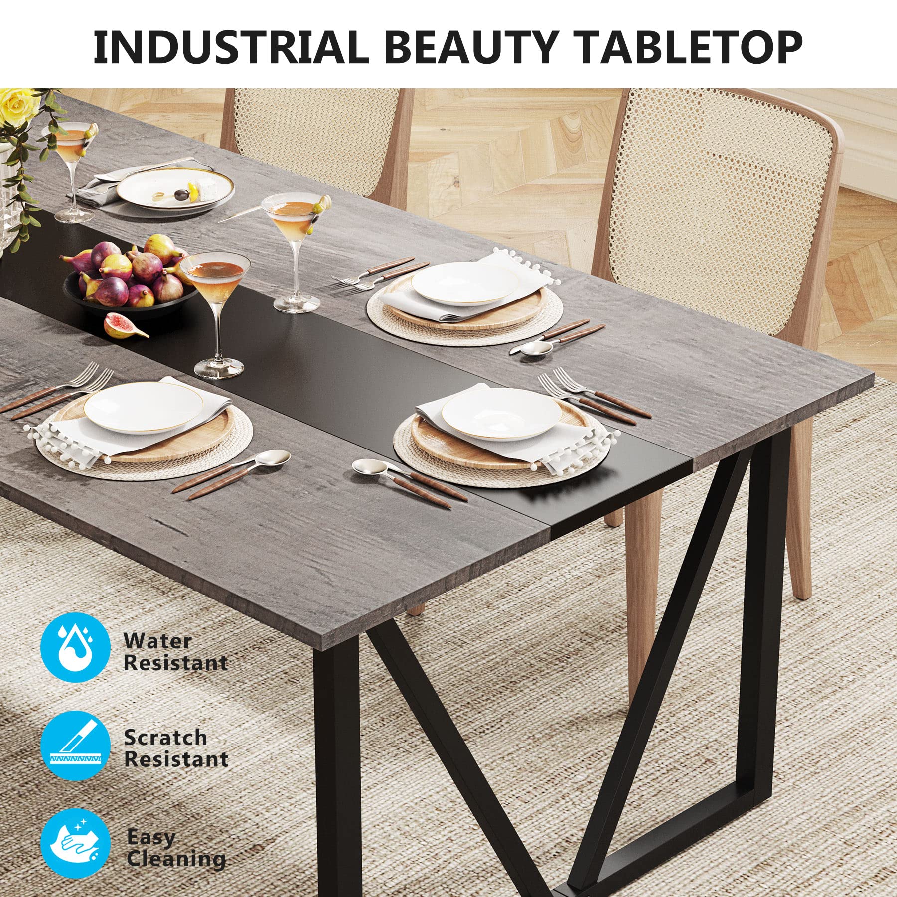 Tribesigns Dining Table for 6-8 People, 70.8 inch Industrial Large Kitchen Table with Heavy Duty Metal Frame, Rectangle Wood Dining Room Table for Kitchen, Living Room, Grey & Black