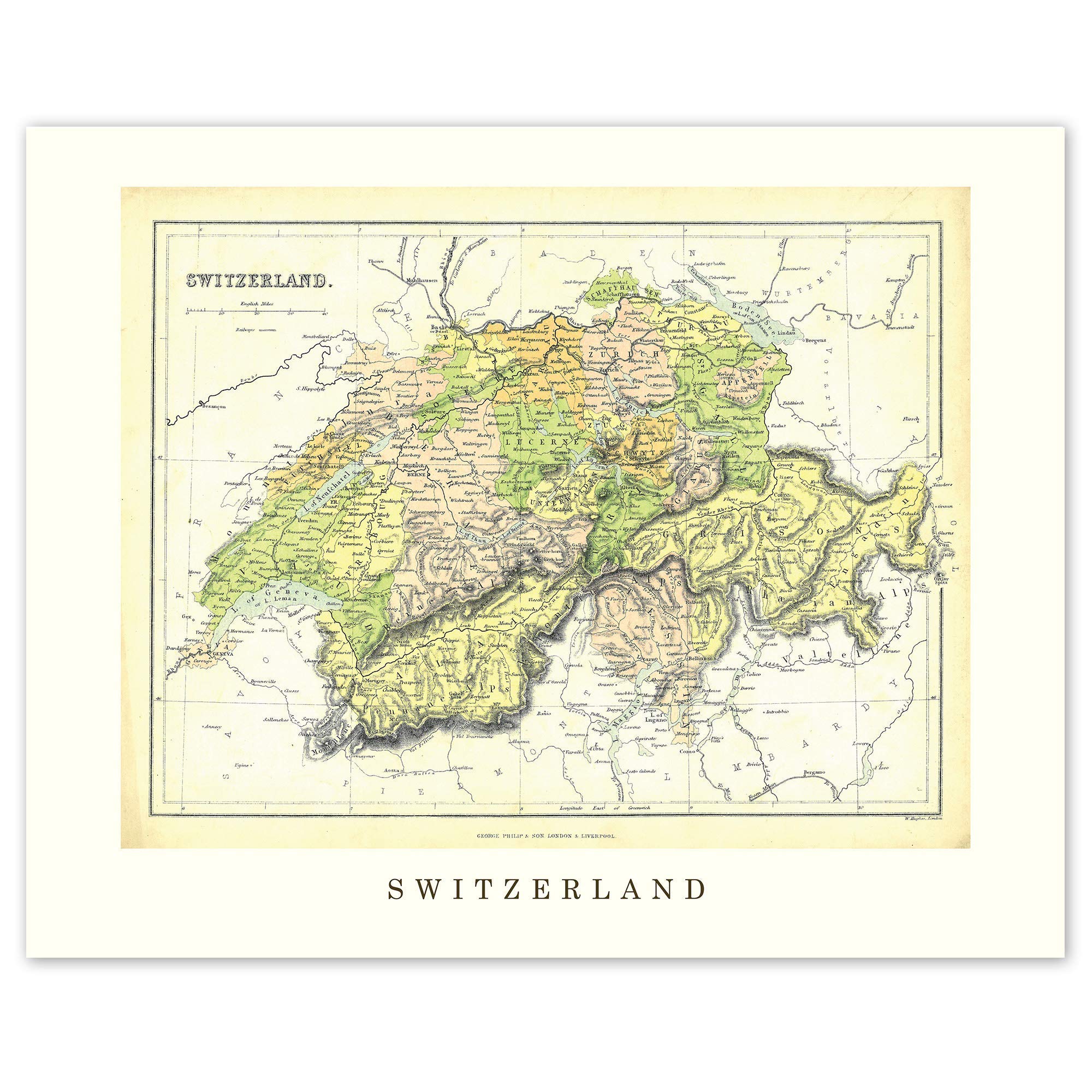 Vintage Switzerland Map Prints, 1 (11x14) Unframed Photos, Wall Art Decor Gifts Under Home Geography Office Garage Studio School College Student Teacher Coach Explorer Continental Travel History Fans