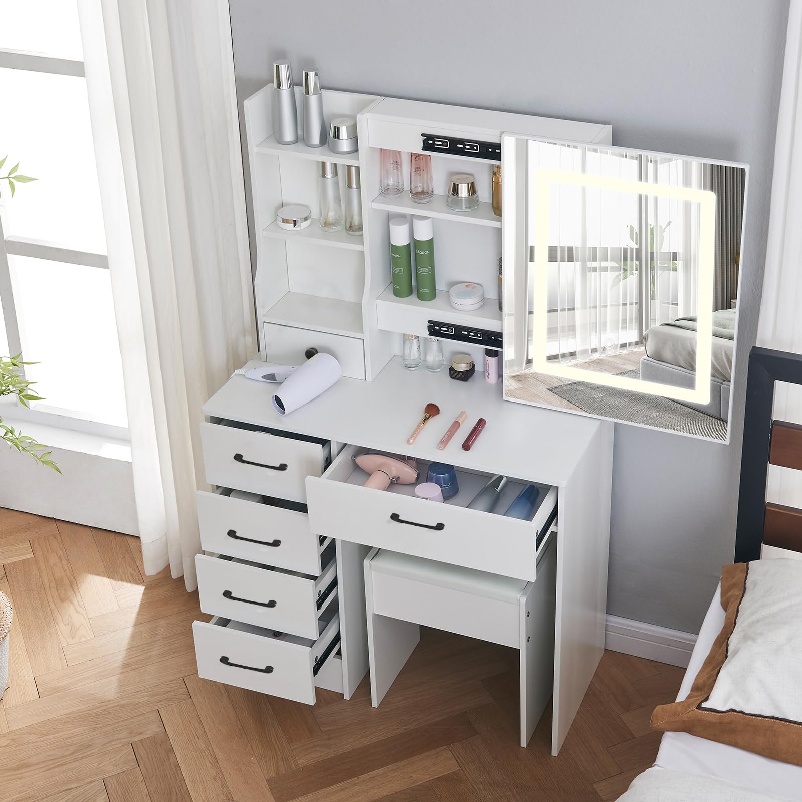White Vanity Desk with Mirror and Lights, Vanity Table with LED Lighted Mirror, 6 Drawers Large Makeup Table with Lots Storage, Bedroom Sets Vanity Mirror with Lights Desk and Chair