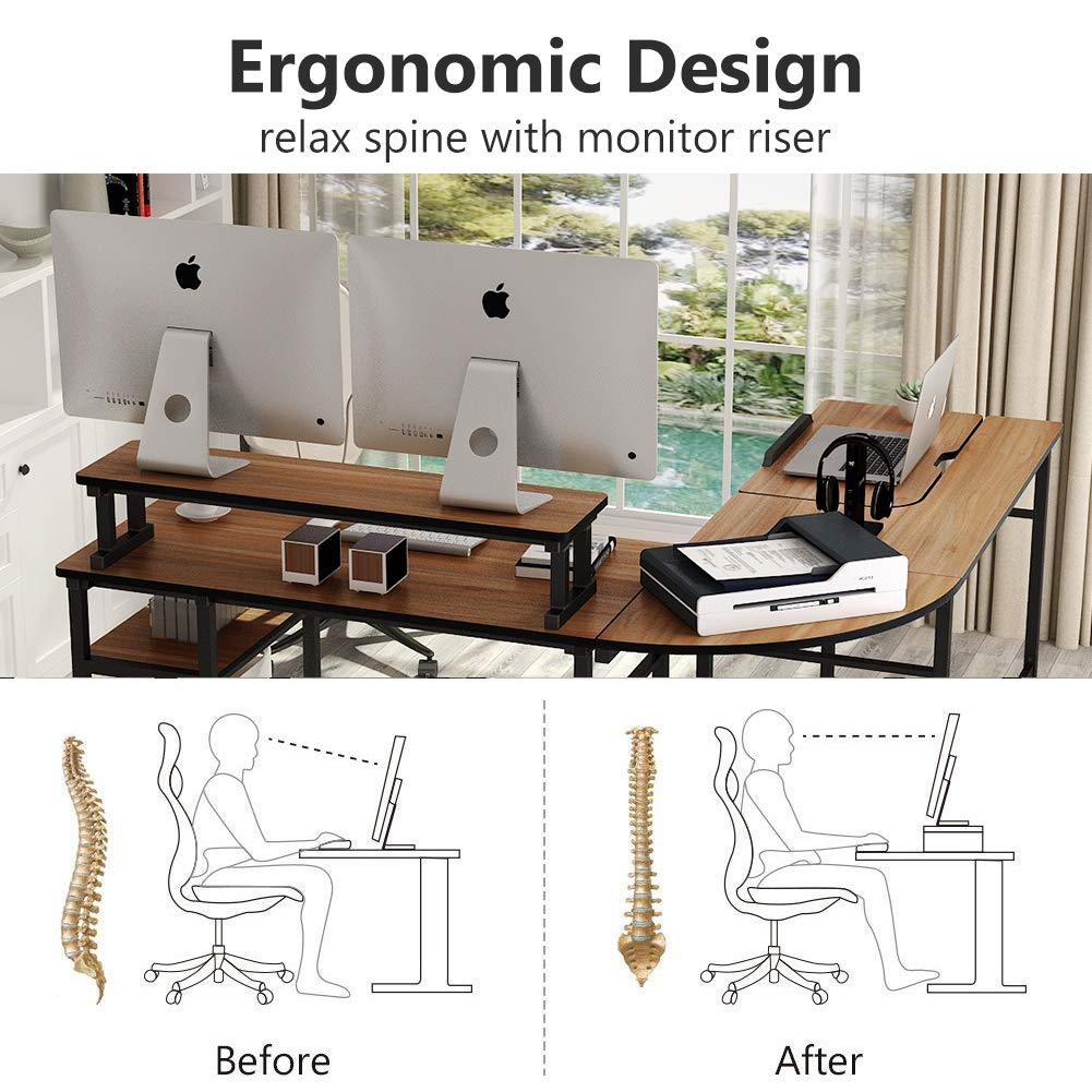 Tribesigns L-Shaped Computer Desk with Monitor Stand Riser, 70.8 inches Corner Computer Desk Study Writing Workstation Drafting Table with Tiltable Drawing Board for Home Office Use, Oak