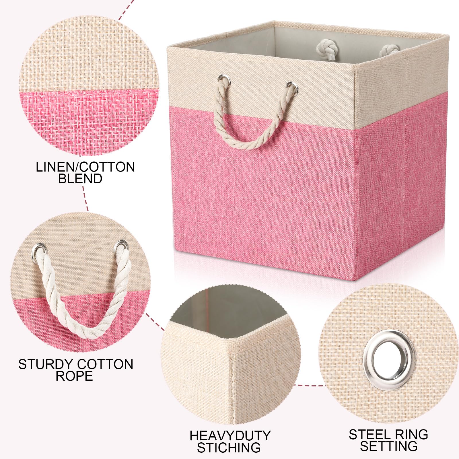 Windyun 6 Pcs Fabric Linen Storage Basket Cube Cloth Large Storage Bin with Handles 13 x 13 x 13 Inch Collapsible Storage Cube Box for Organizing, Shelves, Closet, Home and Office, White and Pink