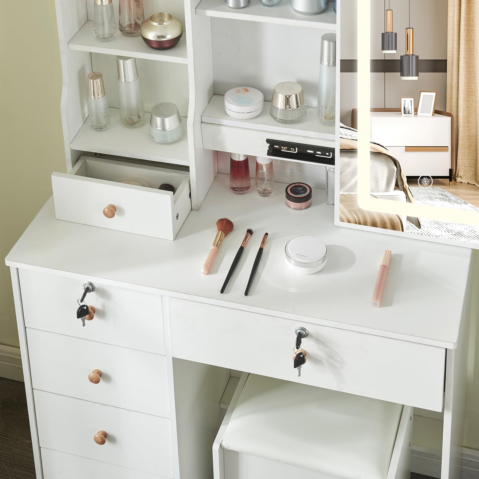 White Vanity Table, Makeup Vanity Set with Lighted Mirror, Makeup Vanity Dressing Table with Drawers and Shelves, Cushioned Stool for Bedroom Girls Women