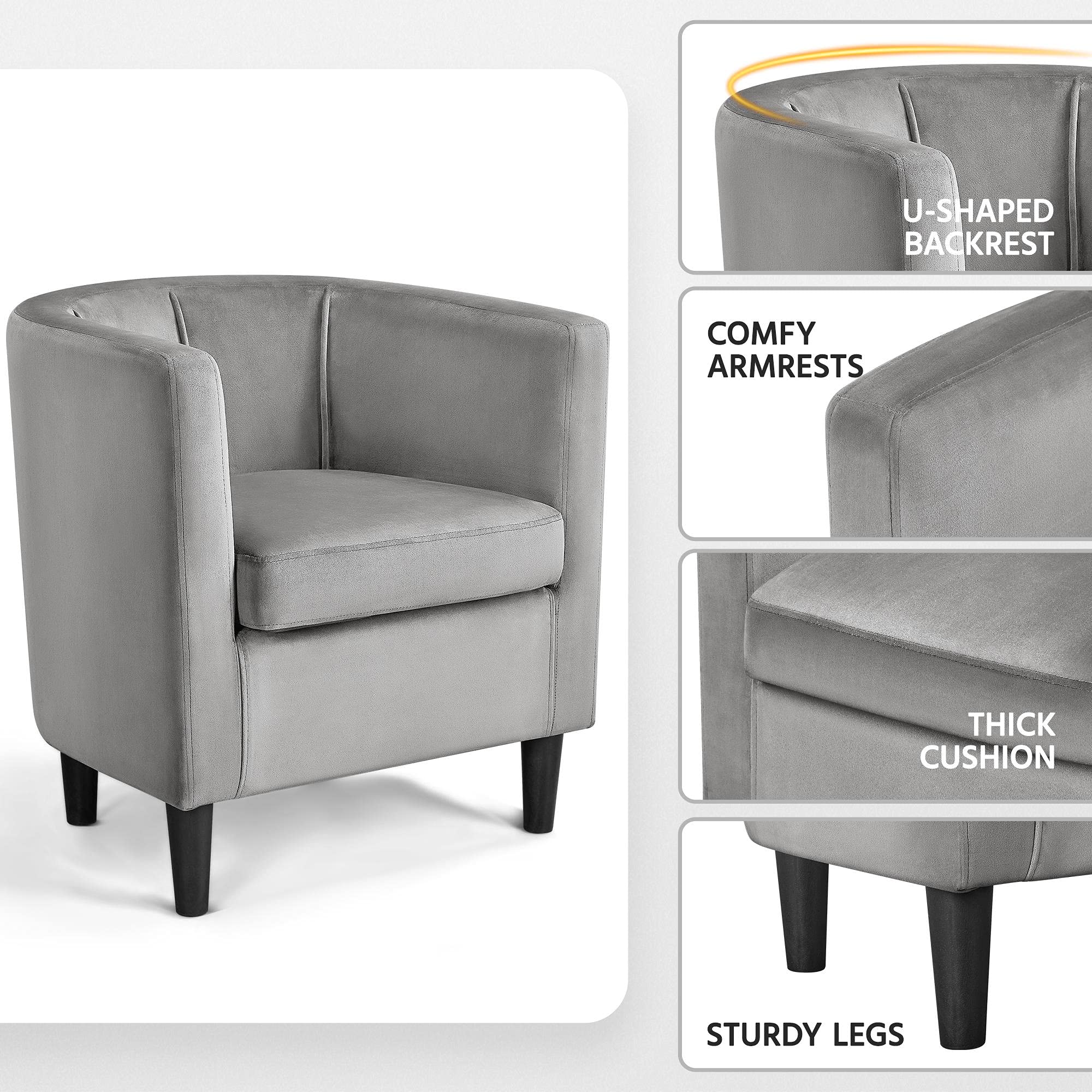 Yaheetech Accent Chair, Modern Velvet Armchairs with Big Ample Seat, Half Rounded Back, Cozy Upholstered Barrel Sofa Chair for Living Room Bedroom Waiting Room, Gray