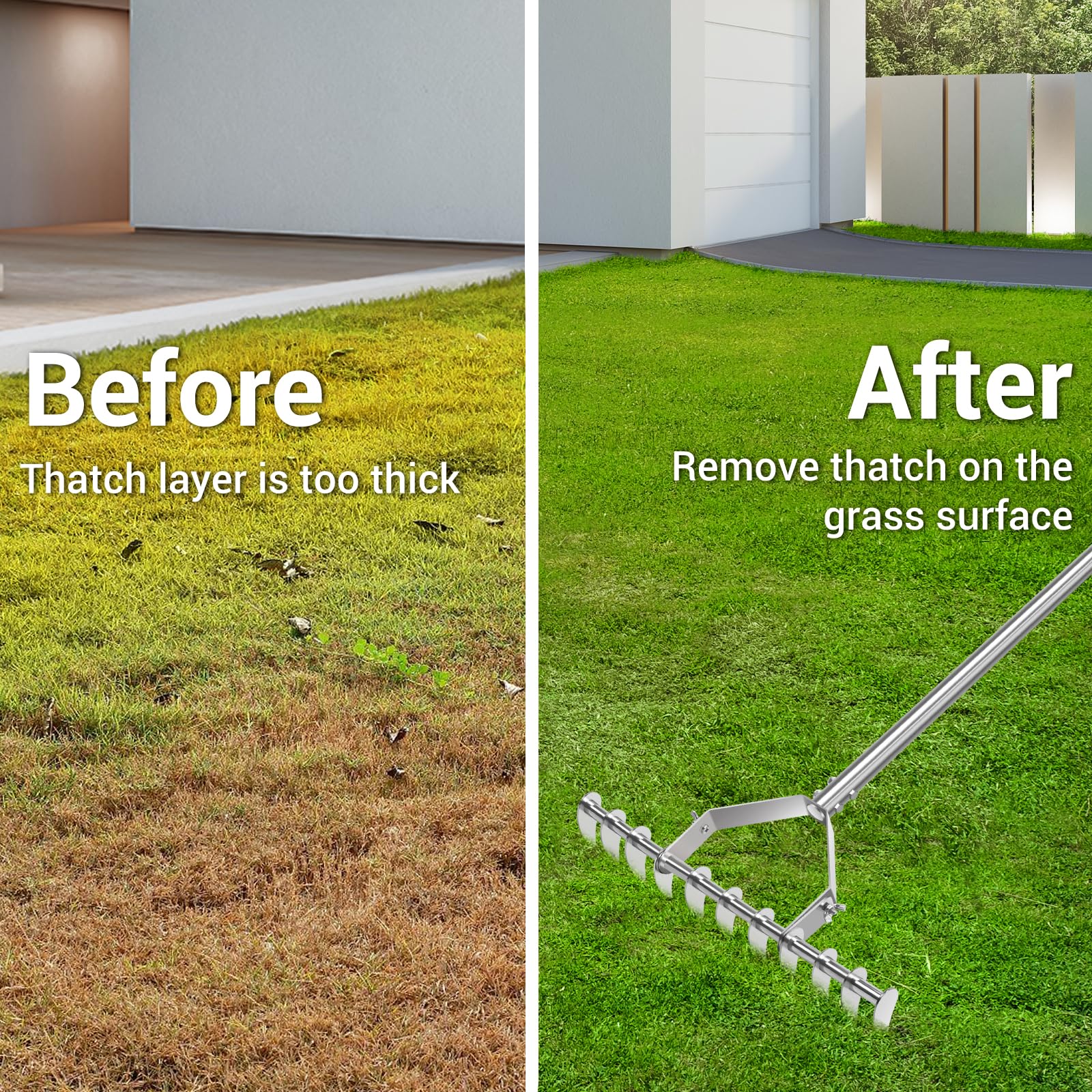 ZZM Thatch Rake, 15.7 Inch Lawn Thatching Rake for Cleaning Dead Grass, Stainless Steel Dethatching Rake with Back-Saving Handle, Grass Rake with Curved Steel Tines for Lawn Loosening Soil, 60" Length