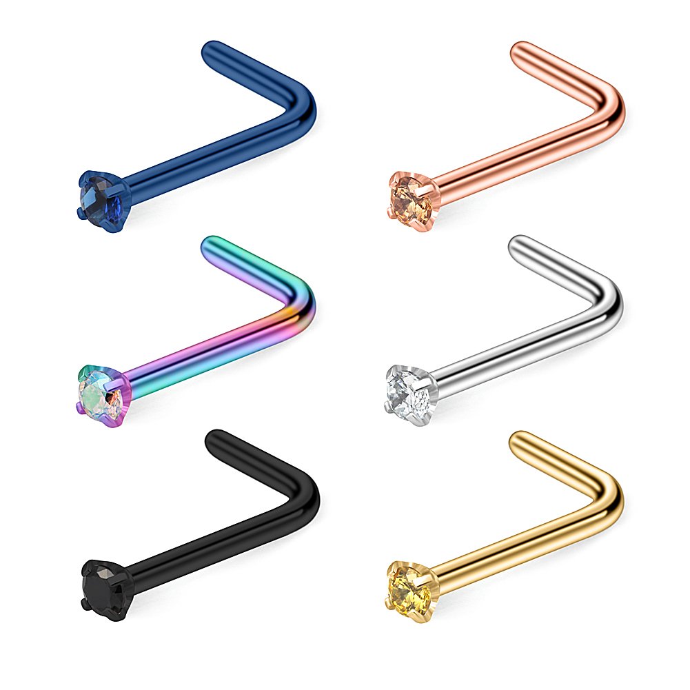 Ruifan 6PCS 22G Surgical Steel Mix Color Diamond CZ Nose Stud Rings L Shaped Piercing Jewelry 3mm