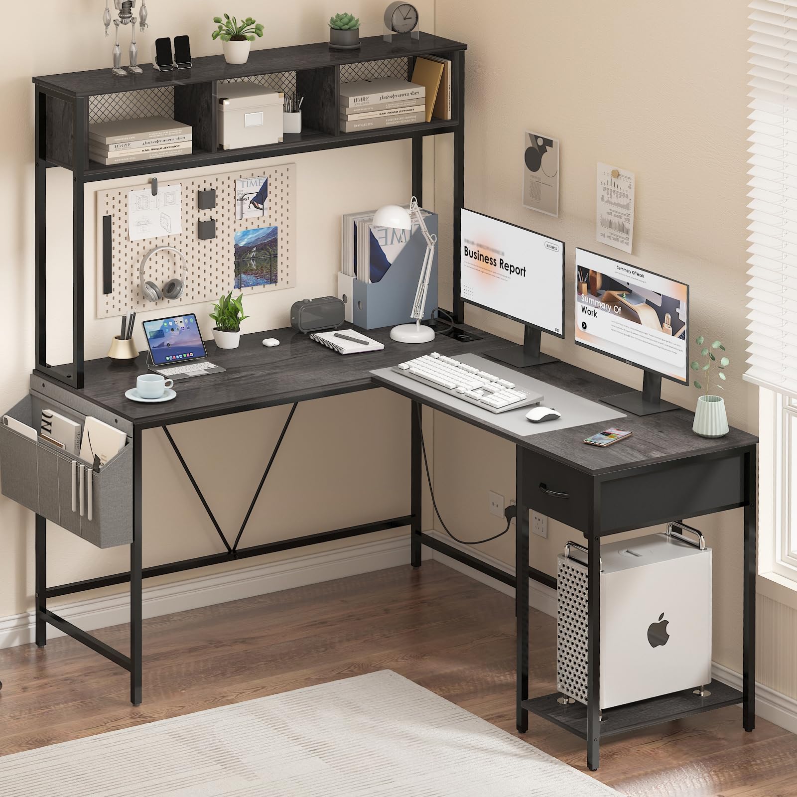 Yoobure L Shaped Desk Gaming Desk with LED Strip & Power Outlet, Reversible L-Shaped Computer Desk with Storage Shelf & Drawer, Corner Desk with Storage Bag, 2 Person Home Office Desk, Gray