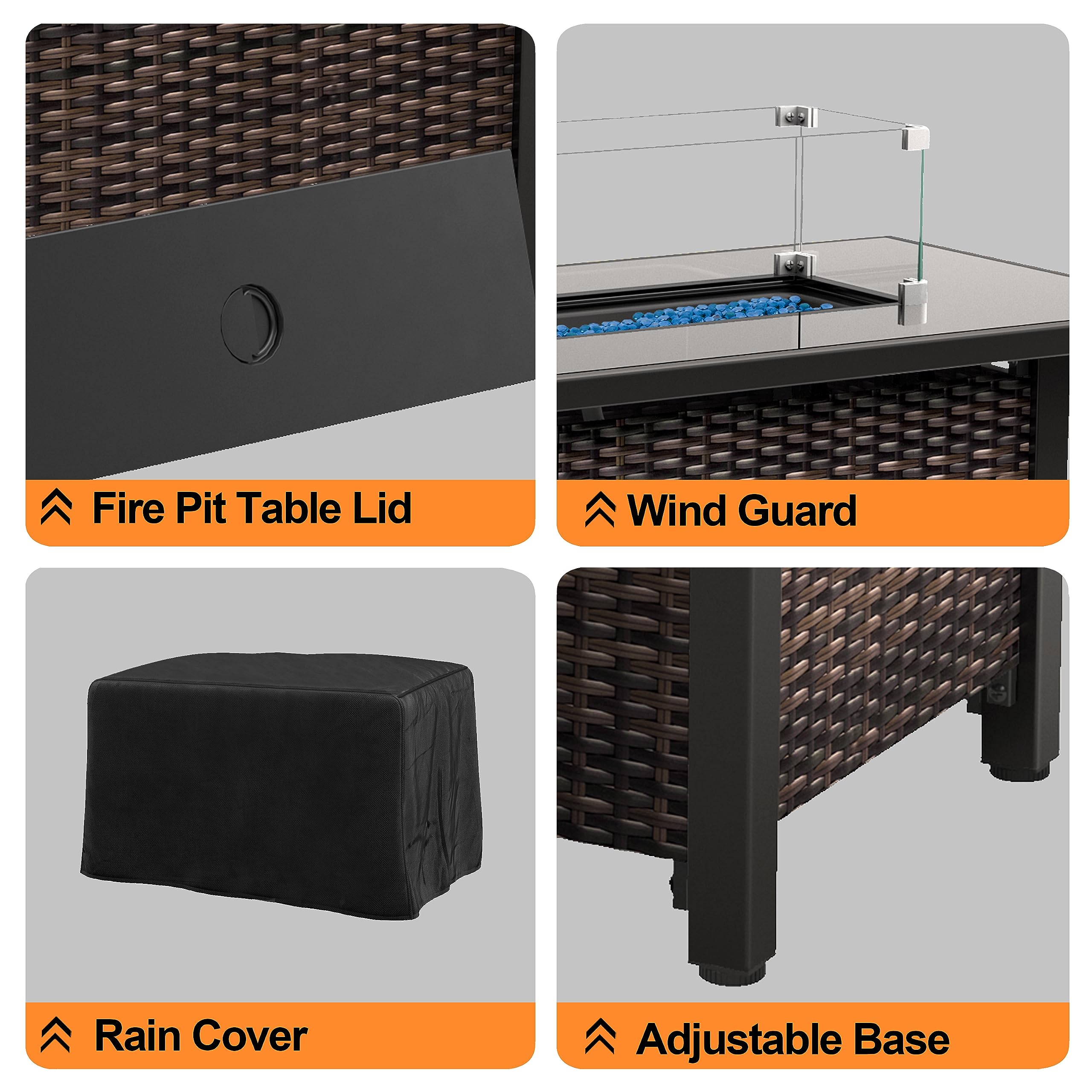 ZJEYEJZ 43 inch Propane Gas Fire Pit Table 55,000 BTU CAS Certification Rectangle Firepit Table with Tempered Glass Desktop Glass Cover, Lid and Glass Stone (Rattan)