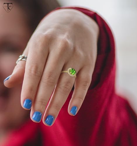 Takar Dainty 14k Yellow Gold Round Cut Genuine Peridot and Diamond Engagement Band Ring (Size 6.75)