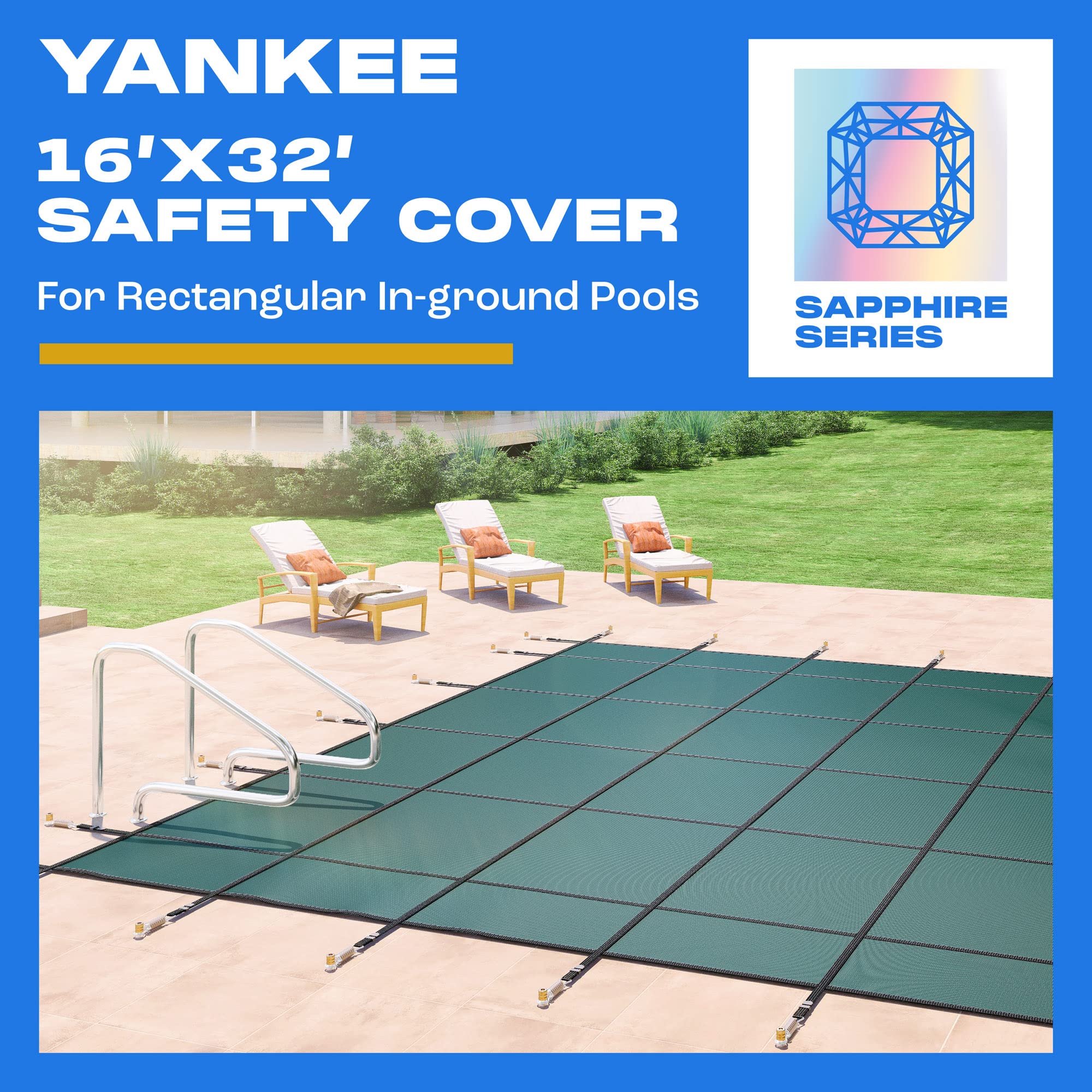 Yankee Pool Safety Inground Pool Cover - Full Set w/Pool Safety Net and Installation Tools | Ultra-Dense 16x32 Ft Safety Pool Cover w/Anchors, Steps | Cold-Resistant Pool Covers for Inground Pools