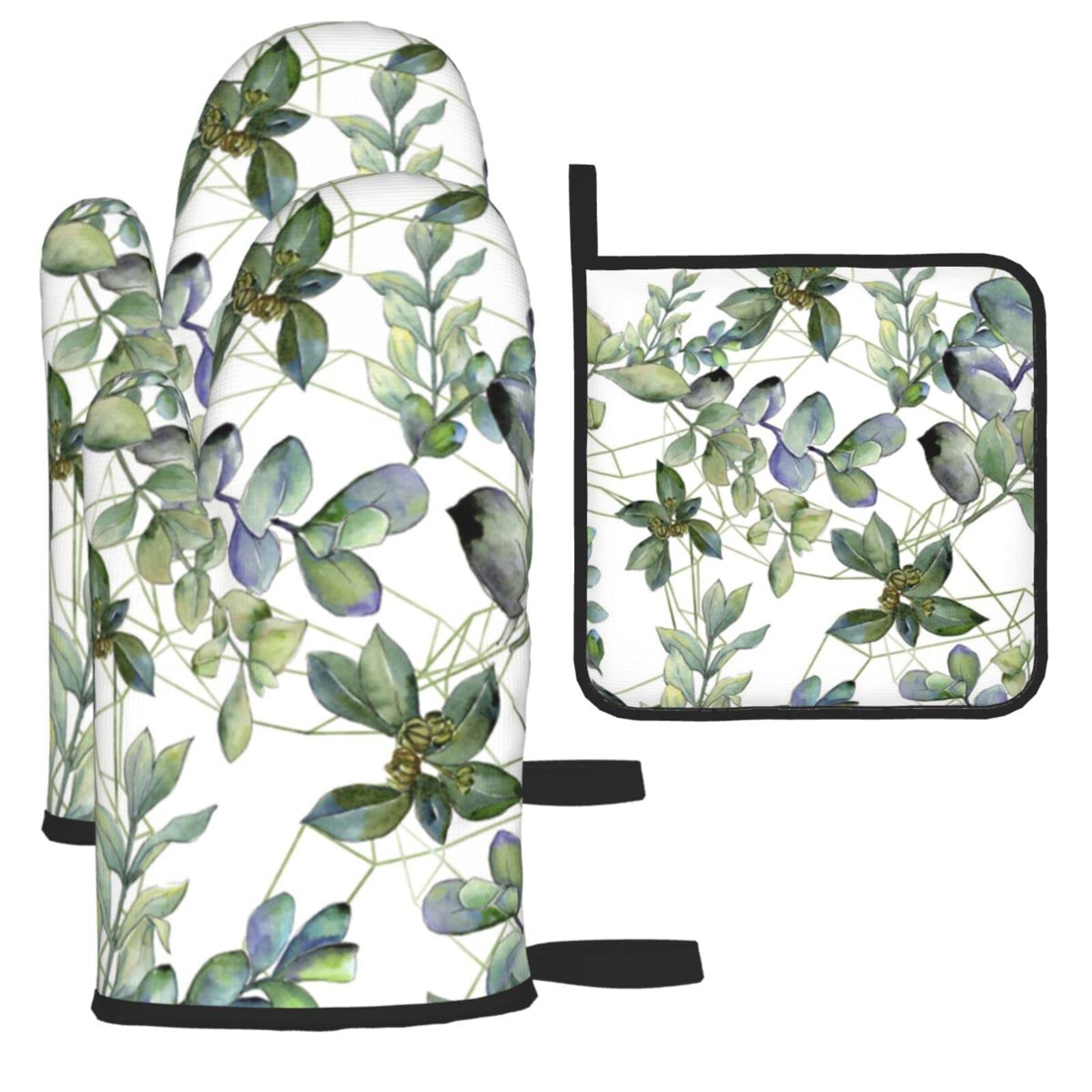 YILEQUAN Green Eucalyptus Leaves Print Oven Mitts and Pot Holders Sets,Kitchen Oven Glove High Heat Resistant 500 Degree Oven Mitts and Potholder,Surface Safe Baking, Cooking, BBQ,Pack 3 One Size