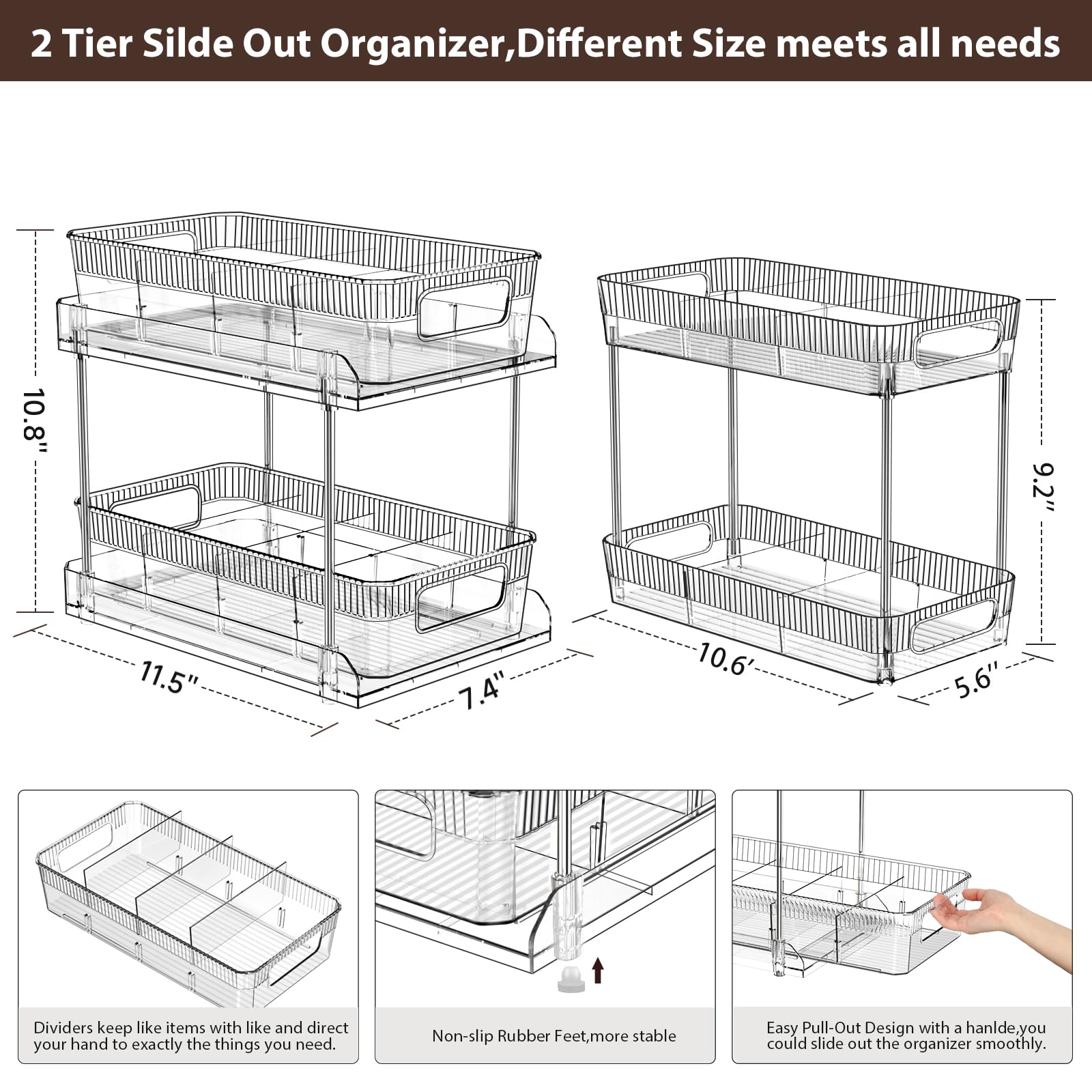 VIVAIVE 2 Tier Bathroom Organizer with Dividers,3 Set Clear Under Sink Organizers Storage Slide Out Bathroom Vanity Counter Storage Container for Kitchen Pantry Cabinet Closet, Medicine Organizer