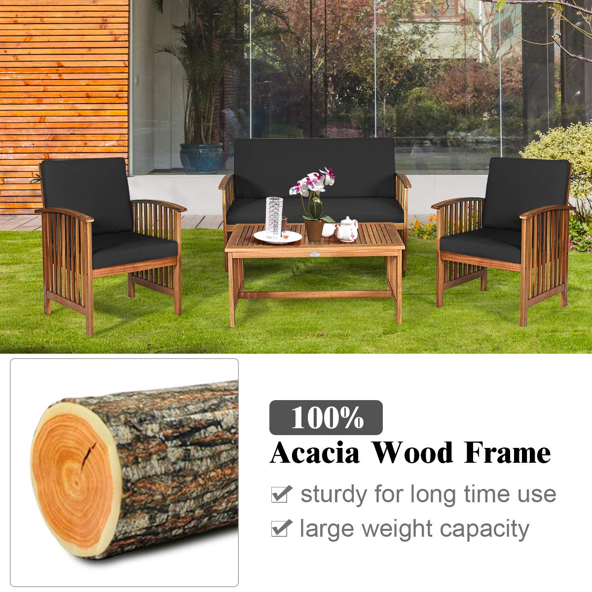 Tangkula Outdoor 4 PCS Acacia Wood Sofa Set w/Water Resistant Cushions, Padded Patio Seating Chat Set w/Coffee Table for Garden, Backyard, Poolside (1, Black)