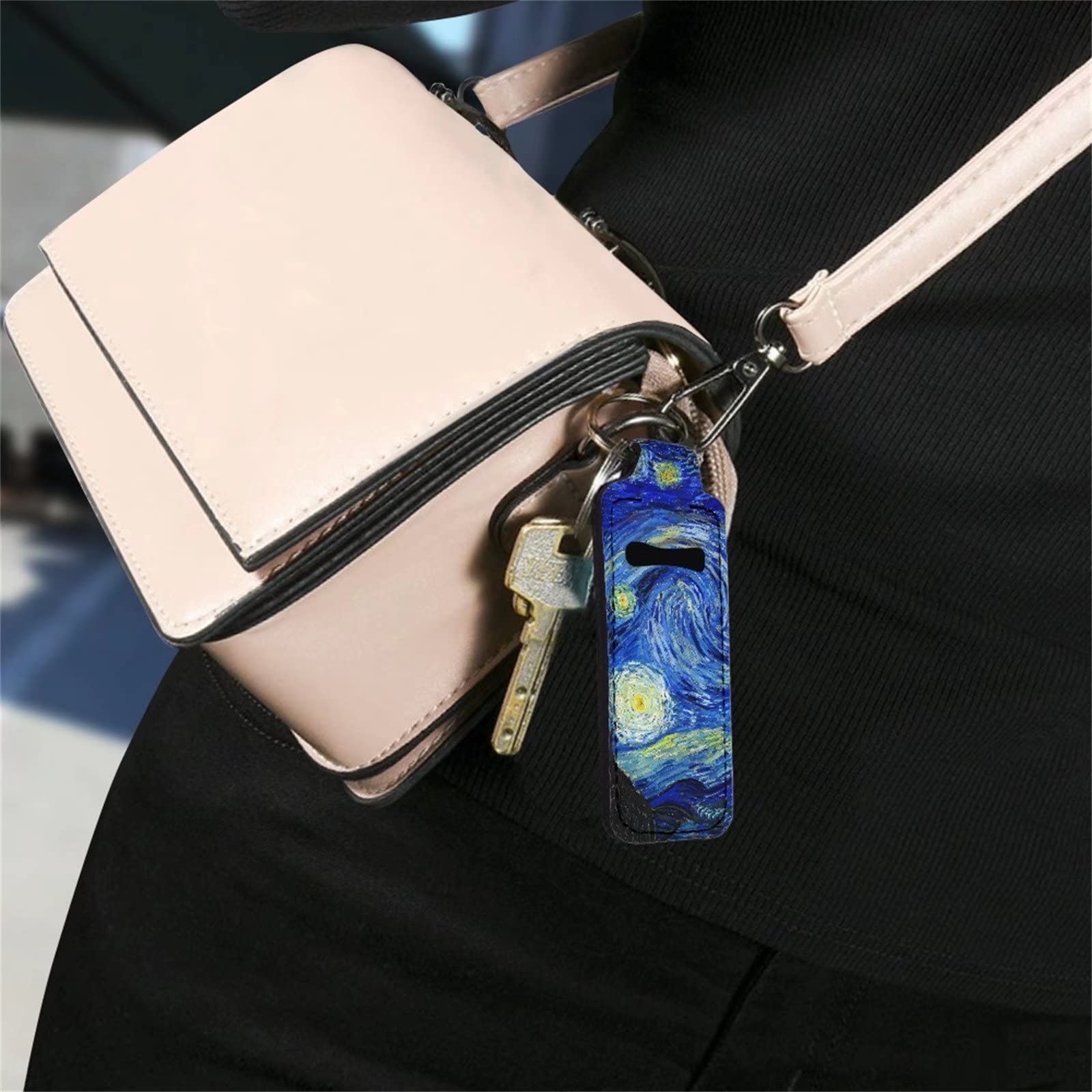 Xoenoiee Personalized Chapstick Holder Keychain Lip Gloss Lip Balm Holder Lipstick Carrier Lippy Clip Insulated Neoprene, 1 Pack, Van Gogh Starry Night Painting