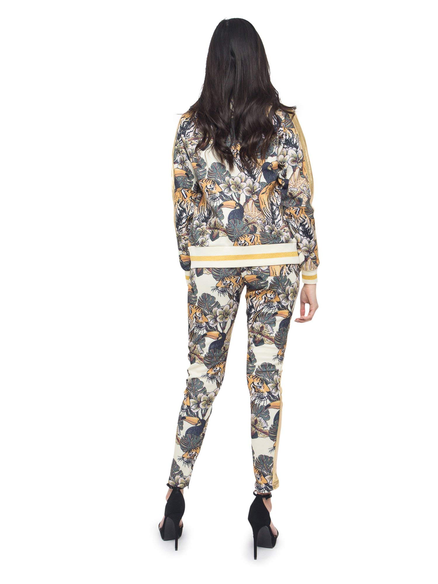 VICTORIOUS Women's Royal Jungle Floral Tiger 2 Piece Tracksuit Set - Long Sleeve Sweatshirts and Sweat Pants VL207 - Off-White - Medium - C8F
