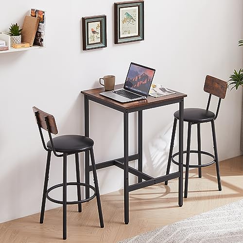 Tensun Bar Table and Chairs Set for 2, Sqaure Kitchen Table and Chairs with PU Soft Seat and Backrest, 3 Piece High Top Breakfast Dining Table Sets for Small Spaces, Kitchen and Bar, Rustic Brown
