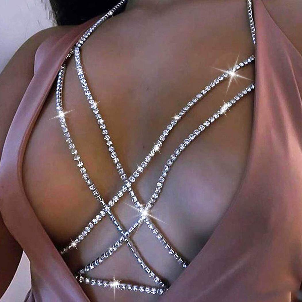Victray Glitter Rhinestone Body Chain Jewelry Crystal Bikini Bra Chains Sparkly Chest Chain Accessory for Women (Silver)