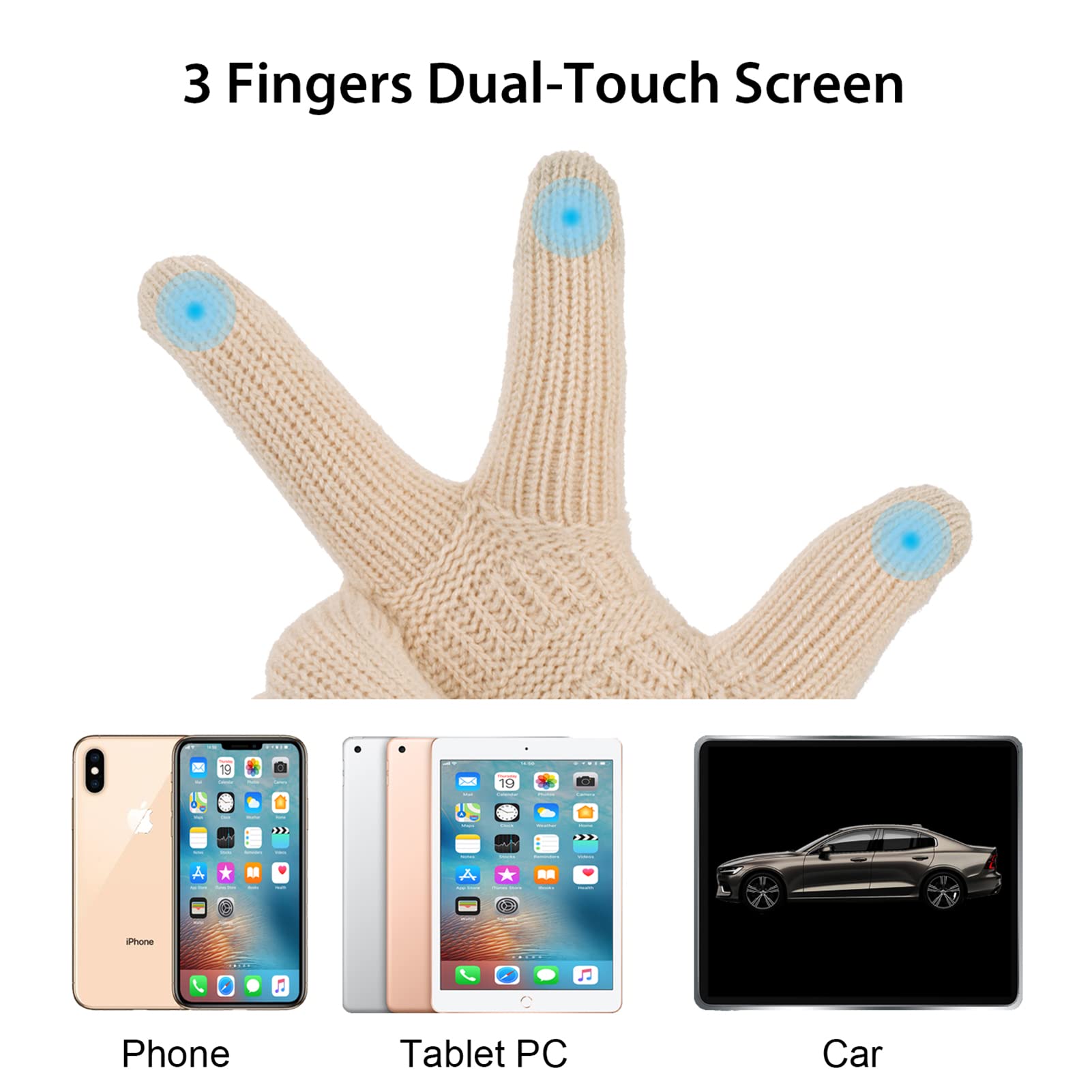 ViGrace Womens Winter Touchscreen Gloves Cable Knit Warm Lined 3 Fingers Dual-layer Touch Screen Texting Thermal Glove for Women