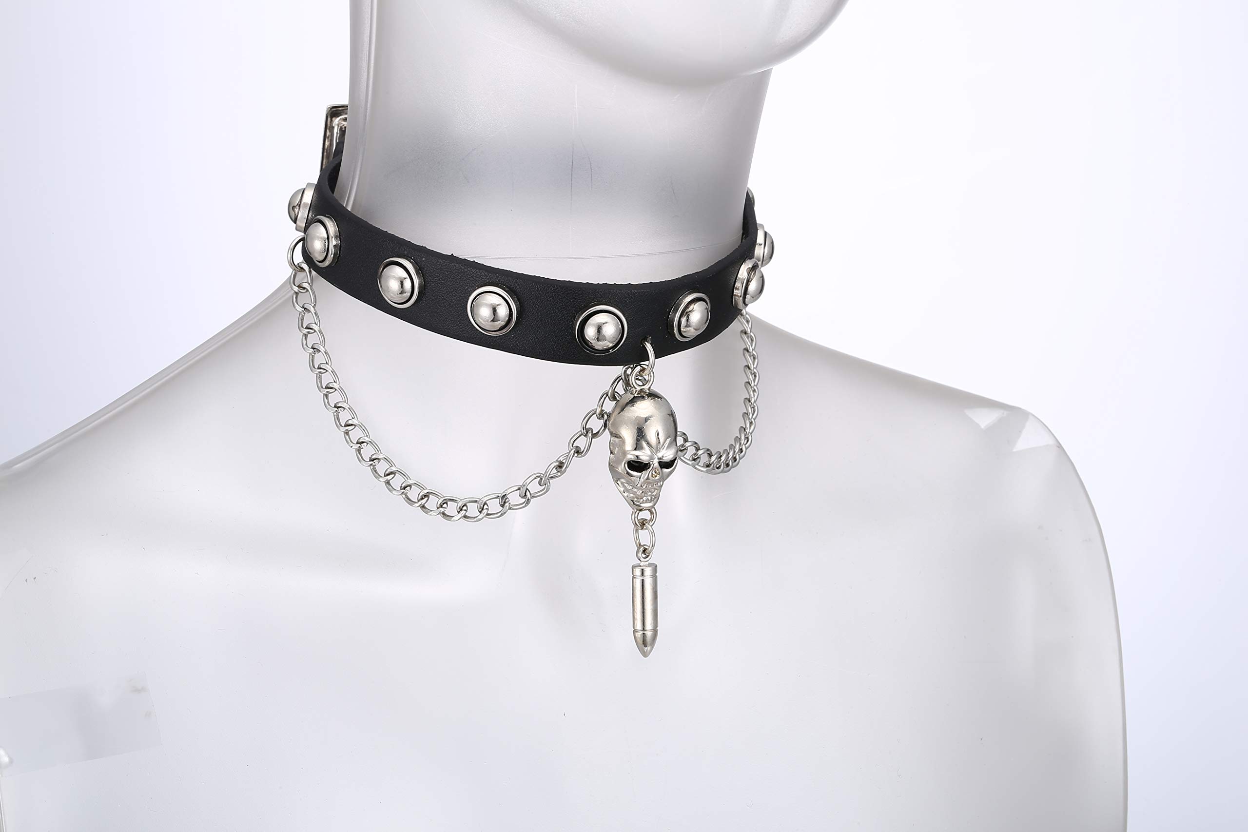 Zysta Unisex Genuine Leather Choker Necklace Adjustable Studed Collar Wide Band Chain Goth Punk Rocker Bold Costume Necklaces Women Gothic Accessory