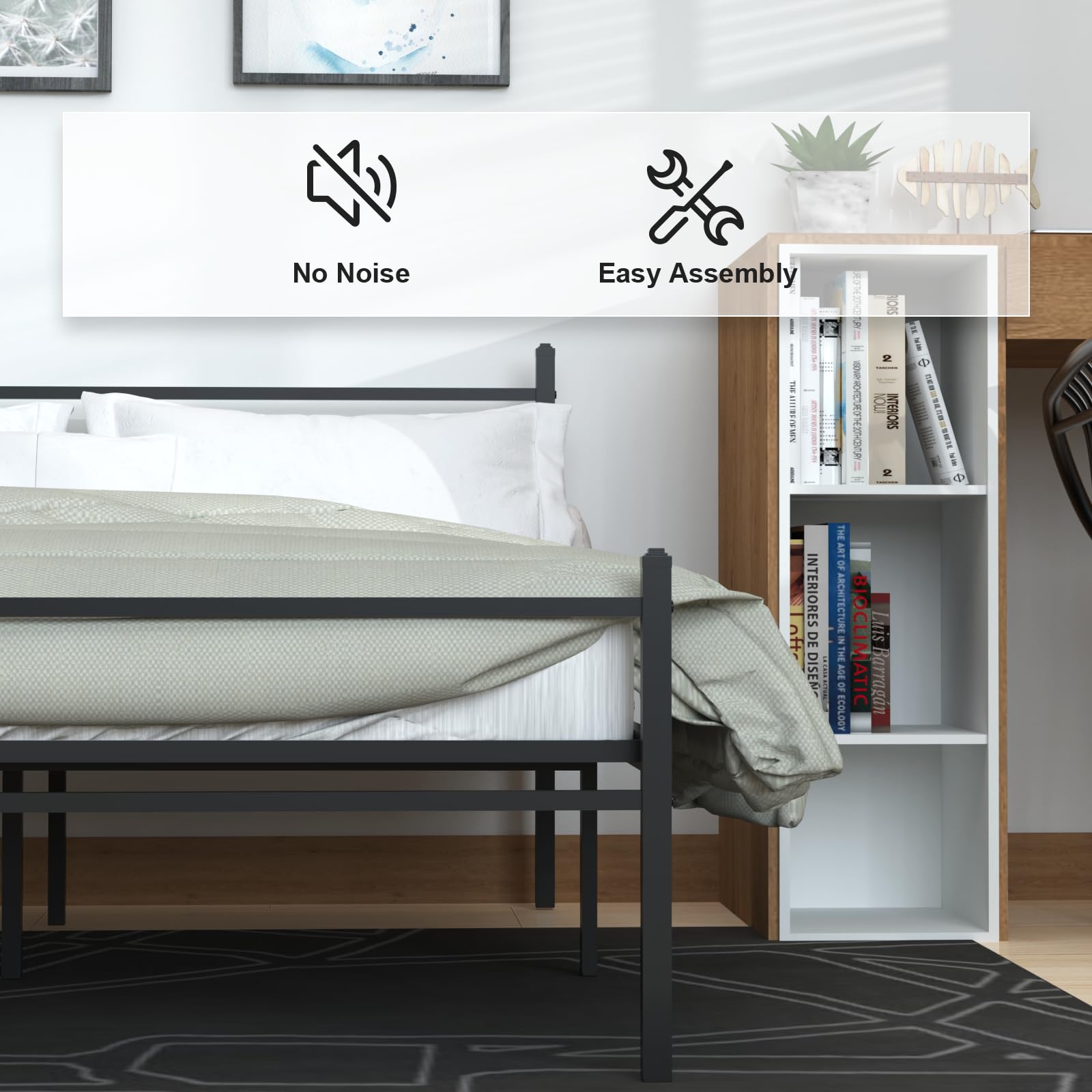 REGOSS Queen Bed Frame with Headboard, 11 Inch Heavy-Duty Metal Bed Frame with Storage and Anti-Slip Strap, Noise Free Bed Frames Features Sturdy Metal Slats, No Box Spring Needed, Easy Assembly