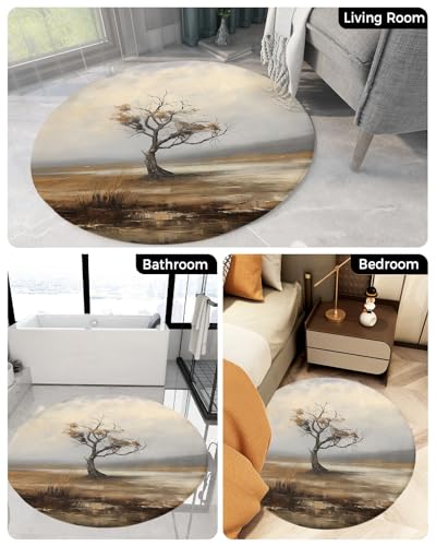 Tree Branches Fluffy Round Area Rug Carpets 4ft, Plush Shaggy Carpet Soft Circular Rugs, Non-Slip Fuzzy Accent Floor Mat for Living Room Bedroom Nursery Decor Wild Leaves Forest Abstract Painted Art