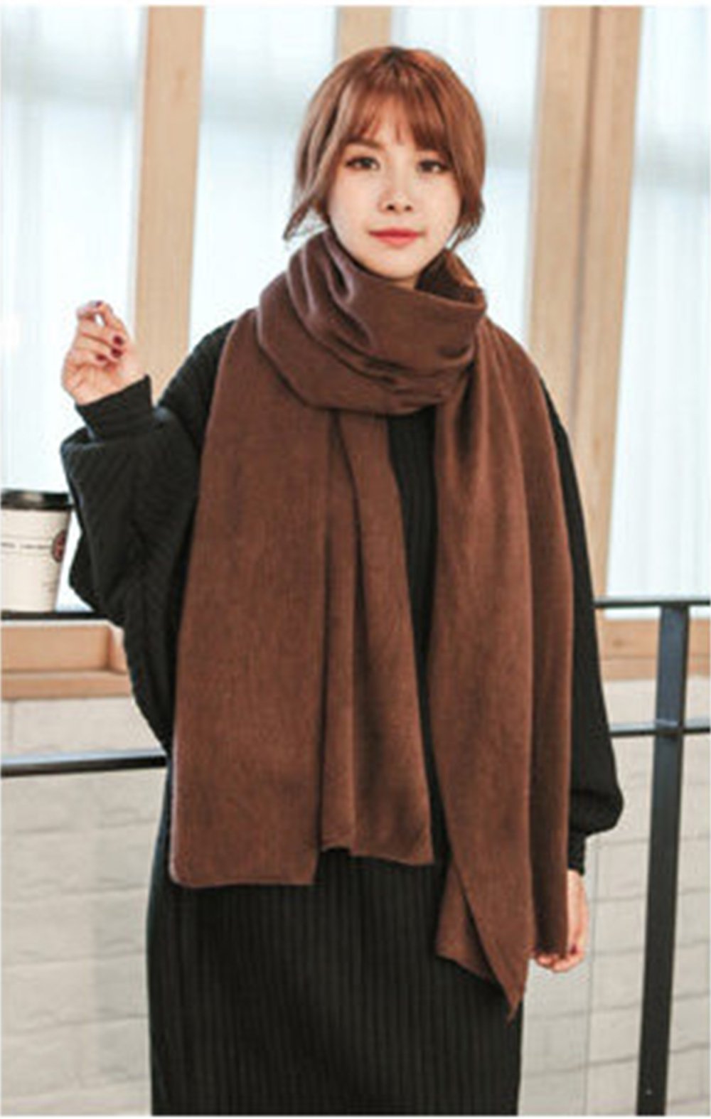 Wander Agio Womens Warm Long Shawl Winter Upset Large Scarf Pure Color Coffee