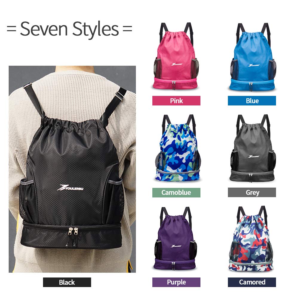 YOULERBU Dry Wet Drawstring Backpack Bag with Shoe Compartment Sackpack Heavy Duty String Bag Sports Gymsack Swim Beach Bag Black