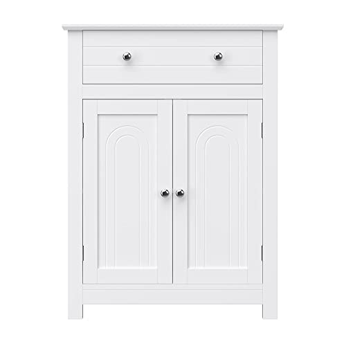 VASAGLE Bathroom Storage Cabinet Free Standing, with Drawer and Adjustable Shelf, Kitchen Cupboard, Wooden Entryway Storage Cabinet, 23.6 x 11.8 x 31.5 Inches, White UBBC61WT