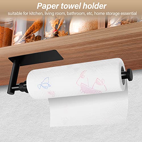 VJAEDEY Paper Towel Holder Under Cabinet, Single Hand Operation, Damping Effect - Stainless Steel Wall Mount - Easy Tear Design - Ideal for Kitchen/Bathroom/Garage - Self-Adhesive/Drill Install, Black