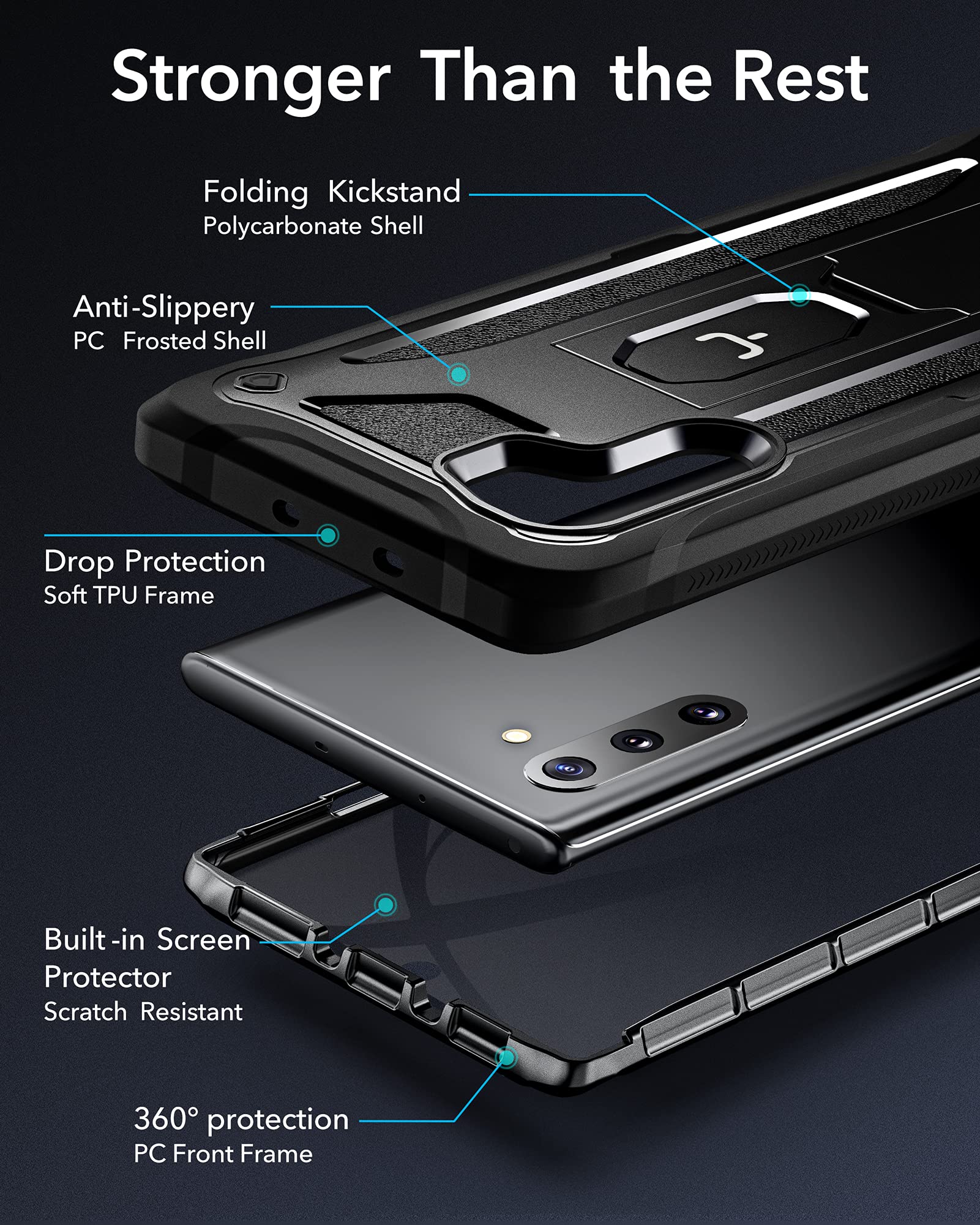 YOUMAKER Case for Galaxy Note 10, Built-in Screen Protector Work with Fingerprint ID Kickstand Full Body Heavy Duty Protection Shockproof Cover for Samsung Galaxy Note 10 6.3 Inch - Black