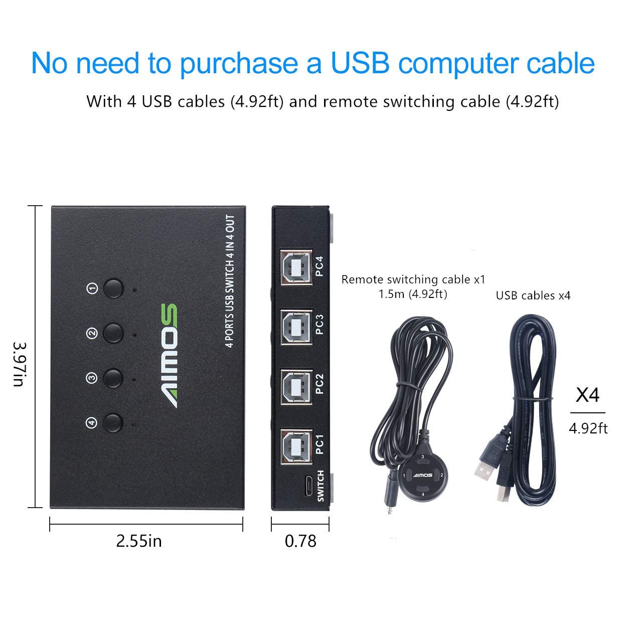 USB Switch Selector 4 Port, AIMOS USB KVM Switcher 4 Computers Sharing 4 USB Devices One-Button Swapping, for Share Mouse, Keyboard, Printer, Scanner, with 4 USB Cables