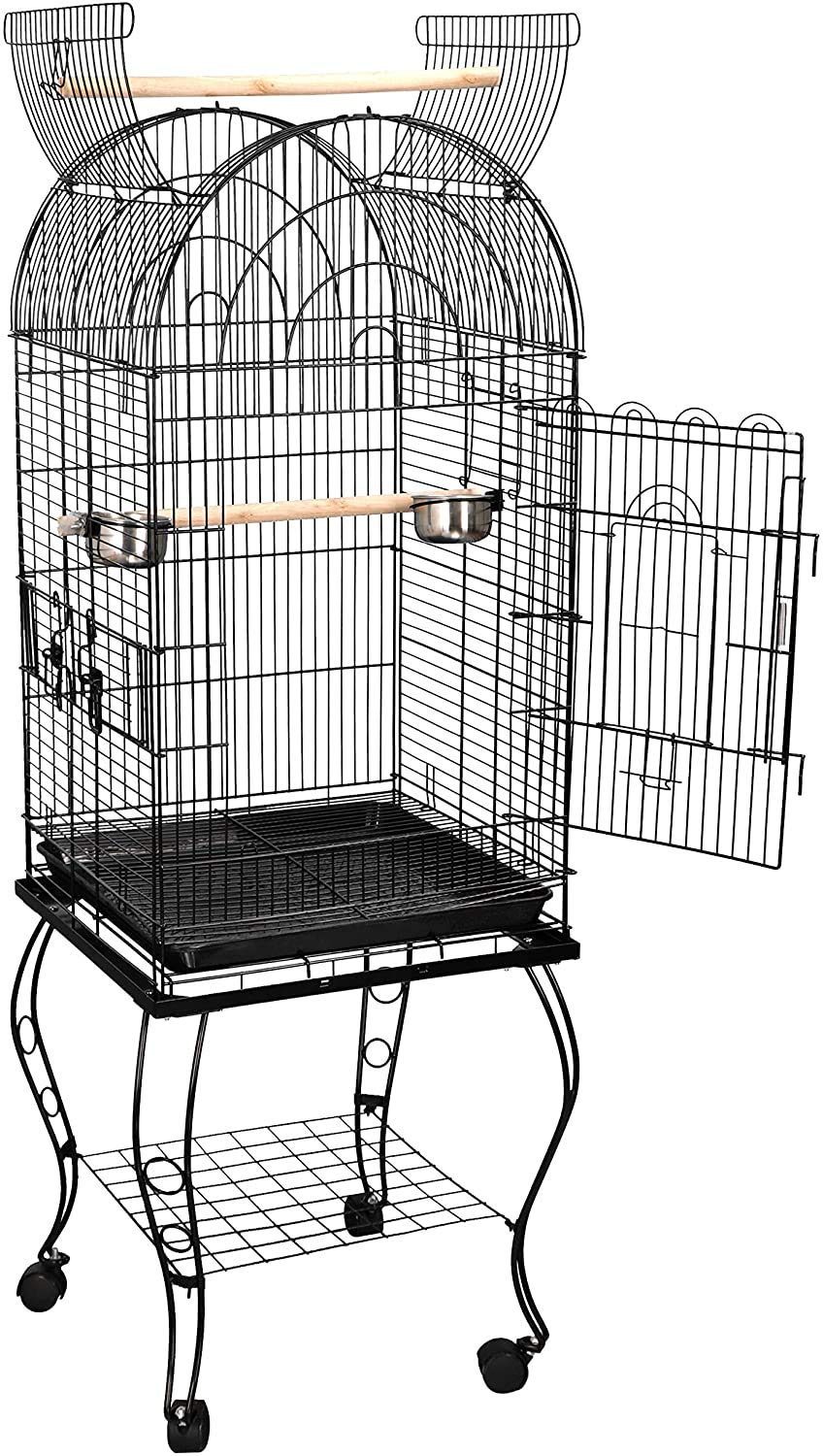 SUPER DEAL 63.5'' Rolling Bird Cage Large Wrought Iron Cage for Cockatiel Sun Conure Parakeet Finch Budgie Lovebird Canary Medium Pet House with Rolling Stand & Storage Shelf