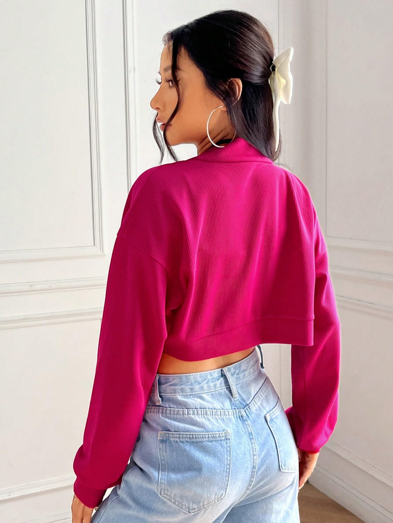 SweatyRocks Women's Casual Long Sleeve Ribbed Knit Top Open Front Cropped Cardigan Sweater Hot Pink M
