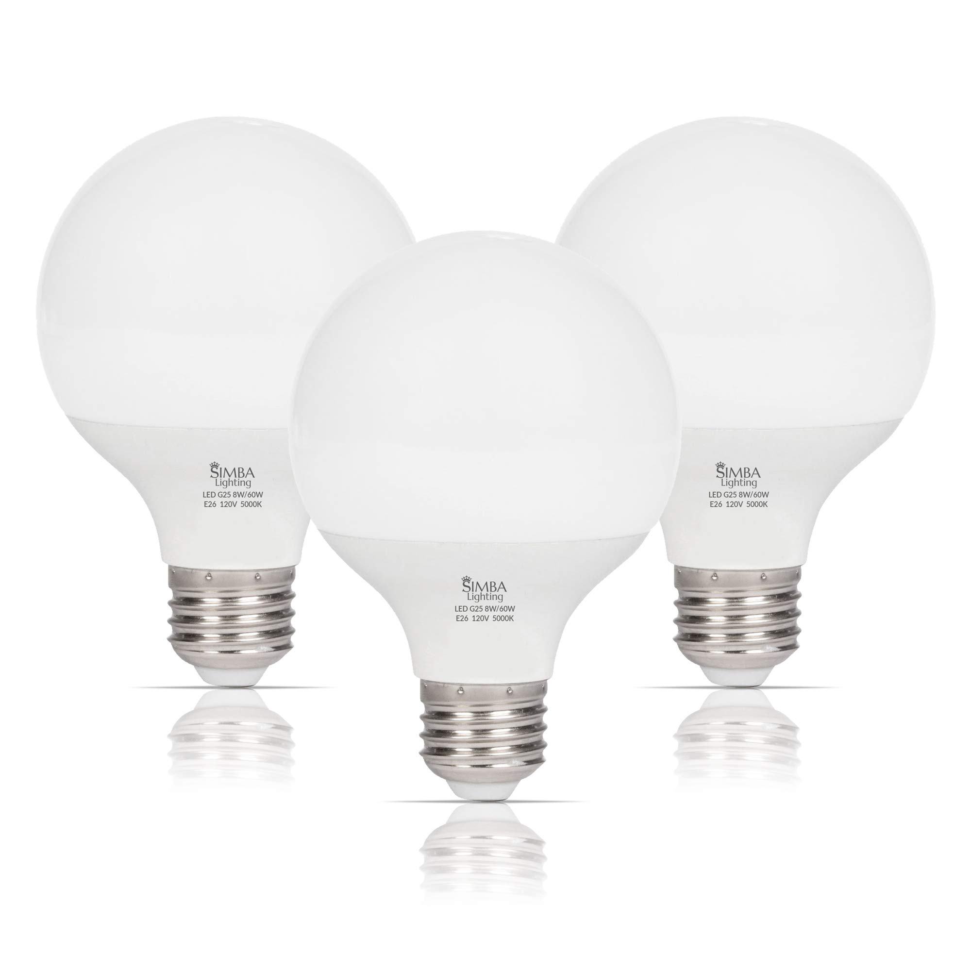 Simba Lighting LED Vanity Globe G25 (G80) Light Bulb for Bathroom, Makeup Mirror | Decorative White Frosted Cover, 8W, 60W Equivalent, 120V, Standard E26 Medium Base, Daylight 5000K, Pack of 3