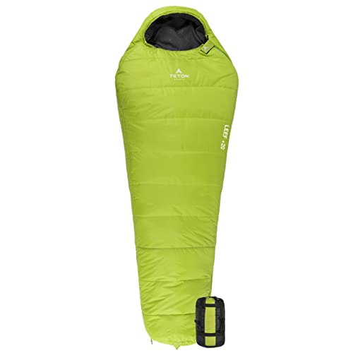 TETON Sports Leef Mummy Sleeping Bag - Lightweight Sleeping Bag for Backpacking, Camping, and Hiking - Cold-Weather Sleeping Bag - Camping Accessory with Drawstring Compression Sack - Long 20℉, Green