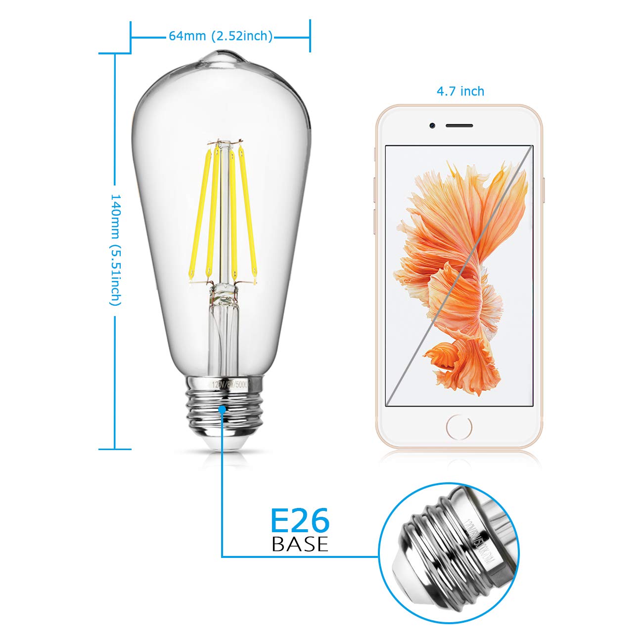 Vintage LED Edison Bulb, 8W Dimmable Filament Light Bulb, ST64 940 Lumen Daylight 5000K, 75W-100W Incandescent Equivalent,E26 Medium Base Squirrel Cage Antique Lamp, Pack of 4