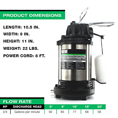 Wayne 58321-WYN3 CDU980E 3/4 HP Submersible Cast Iron and Stainless Steel Sump Pump with Integrated Vertical Float Switch, Large, Silver